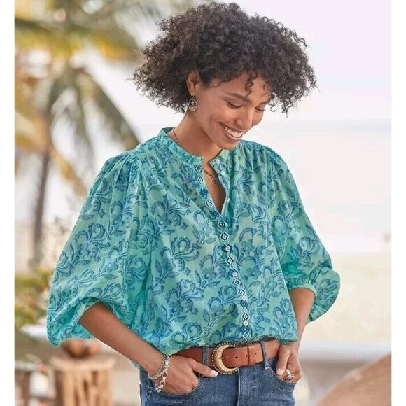 Sundance | Tops | Sundance Faron Teal Blue Floral Print 0 Cotton Button ...